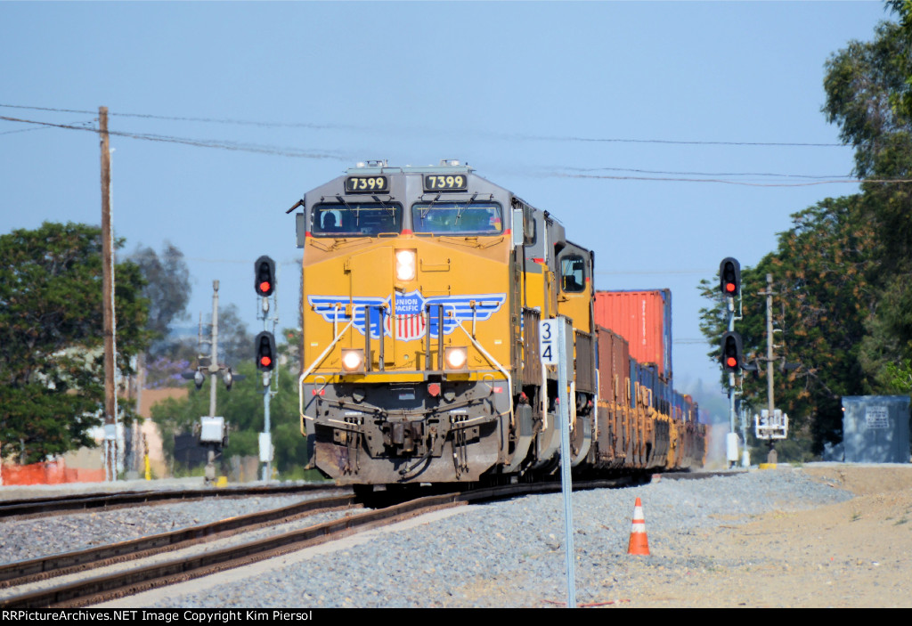 UP 7399 WB Stack Train Towards LA
